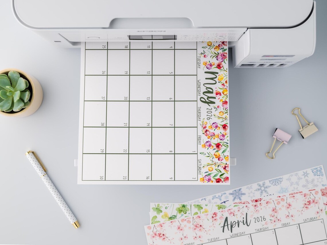 Printable 2026 Calendar, Watercolor Floral Monthly Planner, Cute ...