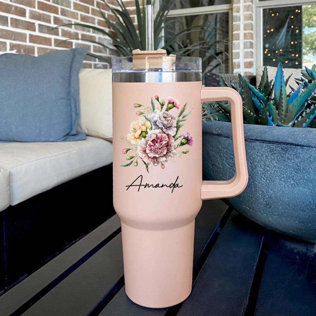 Birth Flower Cup Custom Name 40oz Tumbler Floral Iced Coffee - Etsy
