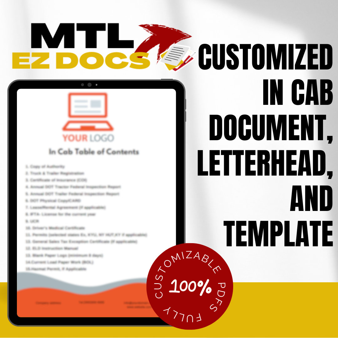 Trucking in Cab Binder Documents Template, in Cab Table of Contents ...