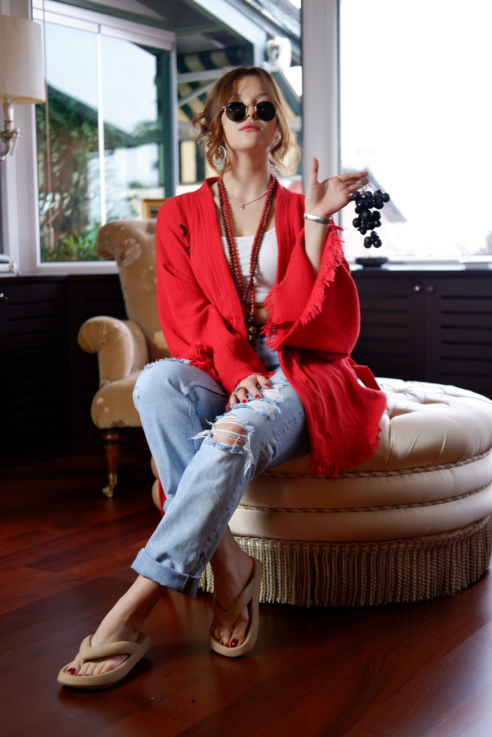 Handmade Muslin Cotton Red Evil Eye Short Kimono Cardigan - Etsy