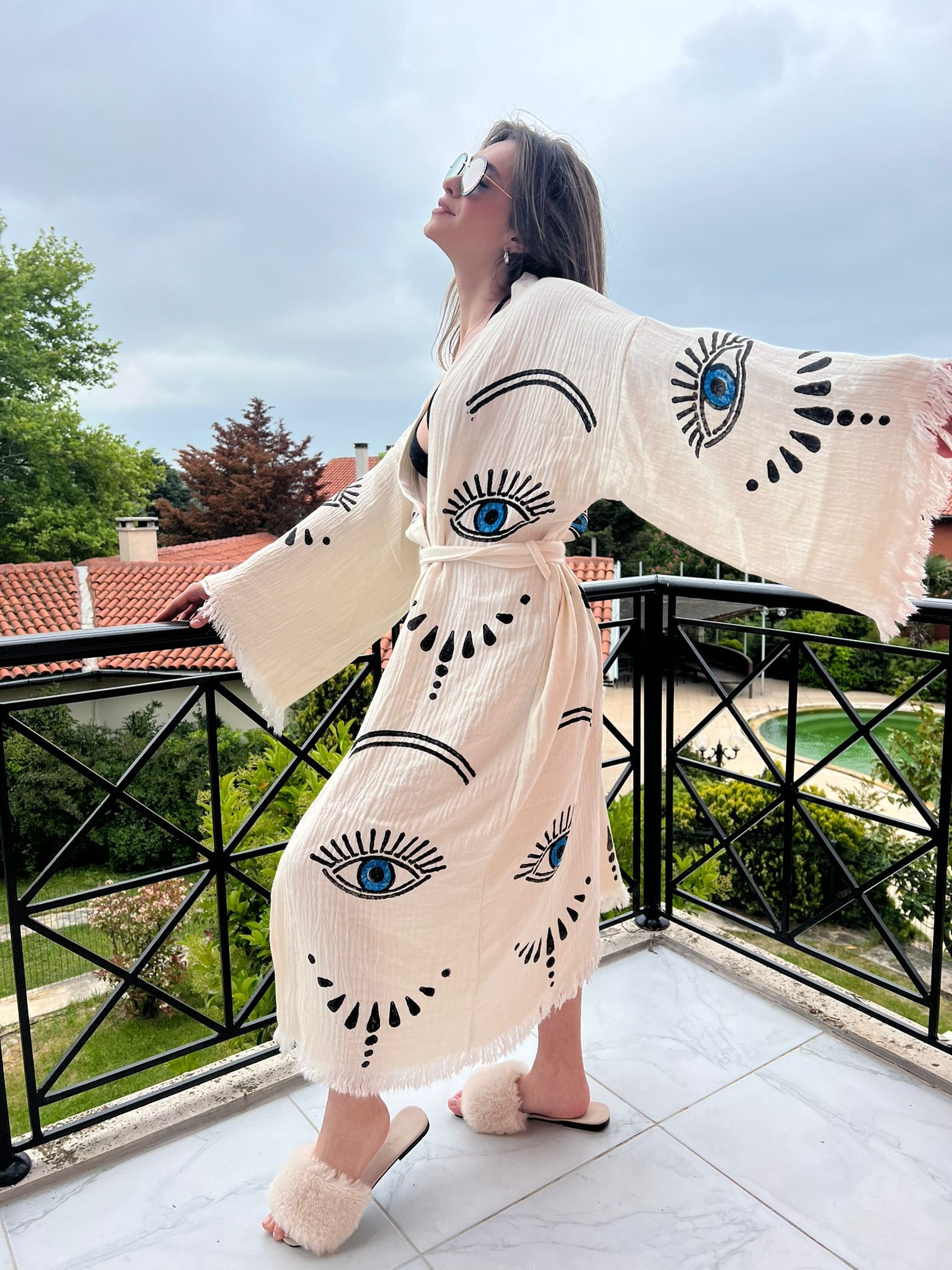 Handmade Muslin Cotton Blue Evil Eye Kimono White Cardigan Robe, Evil ...