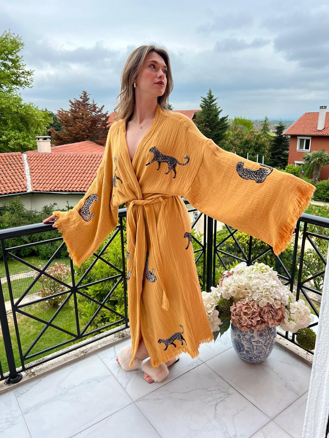 Handmade Muslin Cotton Mustard Leopard Kimono Cardigan Robe, Ethnic ...
