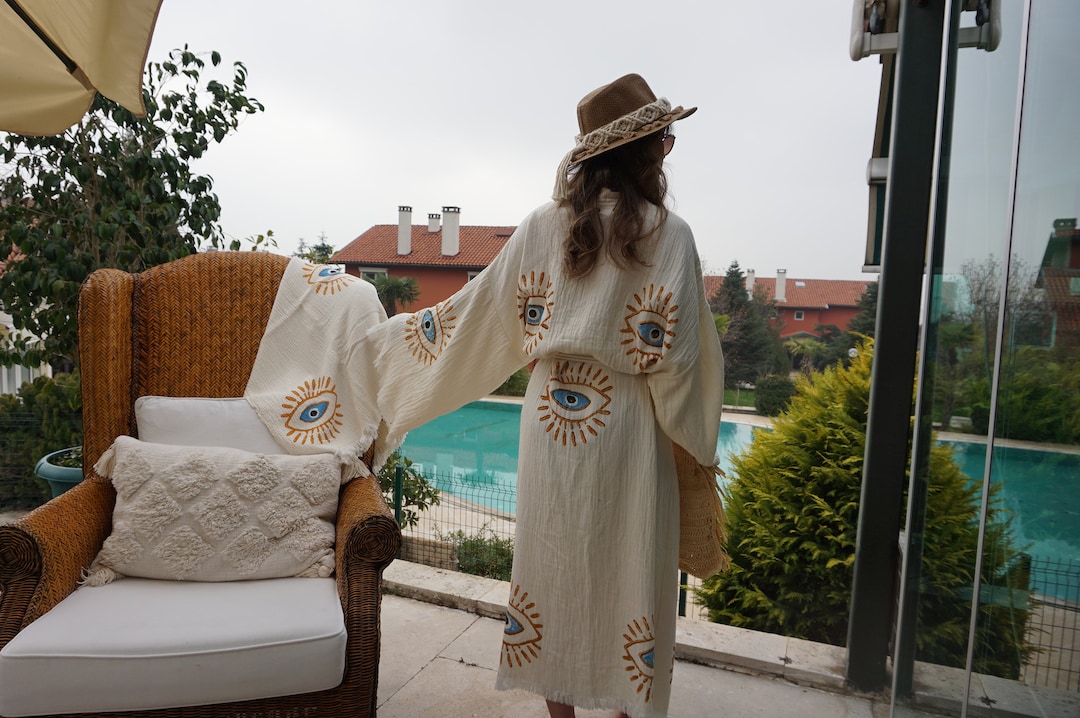 Handmade Cotton Muslin White Evil Eye Kimono Cardigan Robe, Towel ...