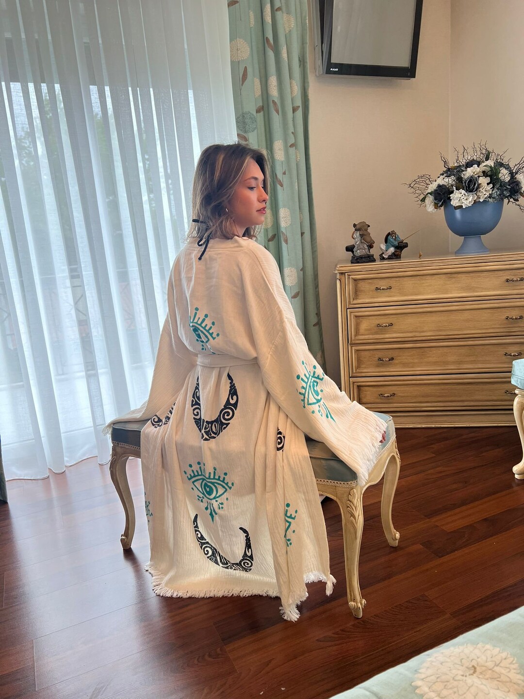 Handmade White Muslin Cotton Evil Eye Kimono Cardigan, Blue Evil Eye ...