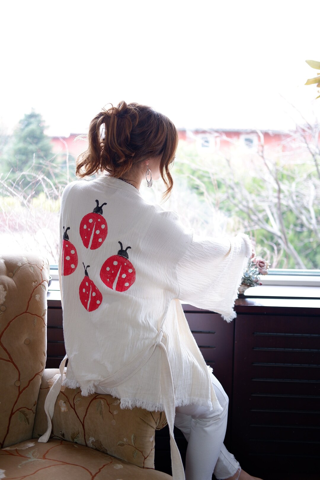 Handmade Muslin Cotton White Red Ladybug Kimono Cardigan, Ladybug ...
