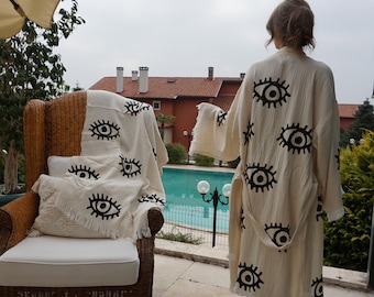 Handmade Cotton Muslin Black Evil Eye Kimono Cardigan Robe, Evil Eye ...