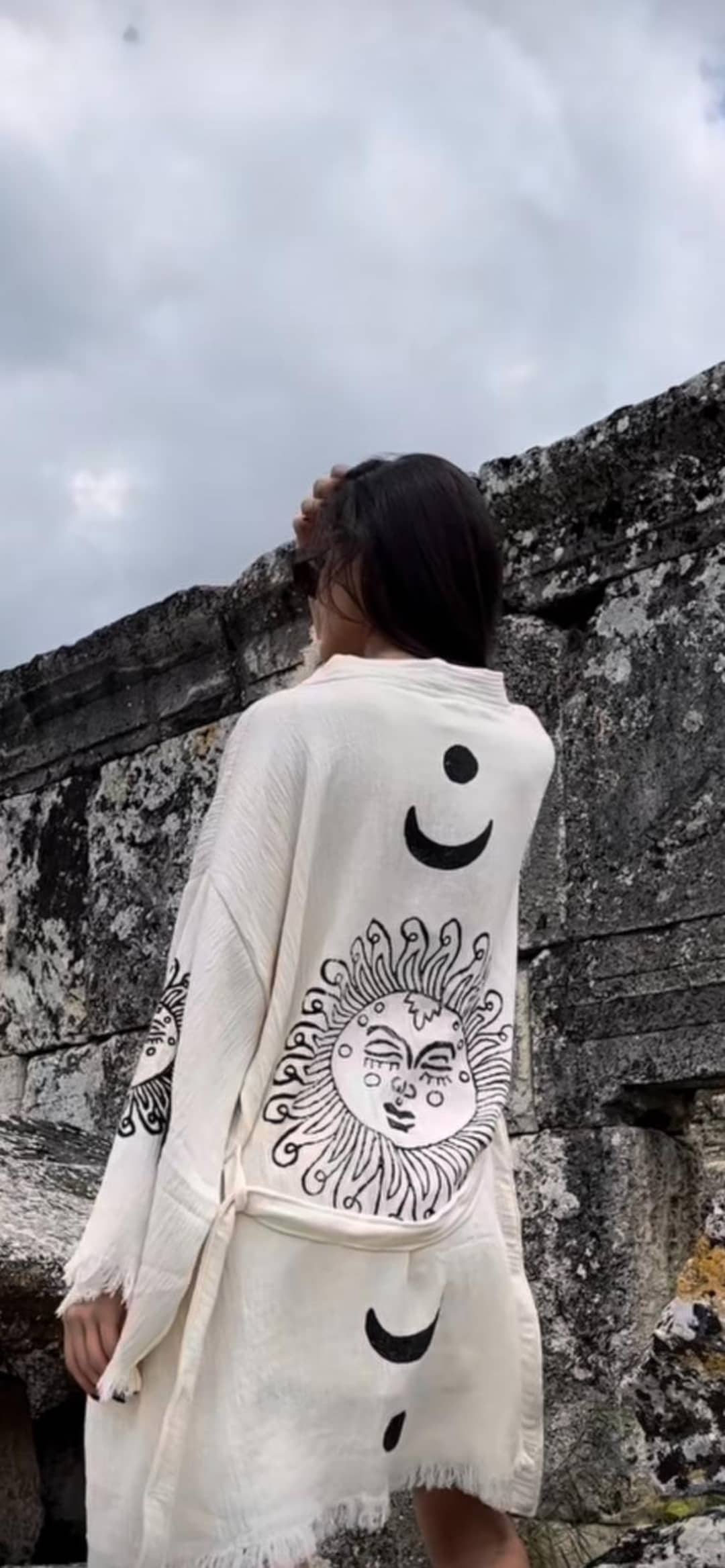 Handmade Muslin Cotton White Sun Moon Print Kimono Cardigan, Celestial ...