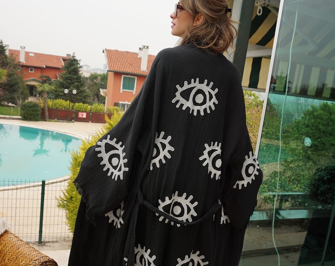 Handmade Cotton Muslin Black Evil Eye Kimono Cardigan Robe, Evil Eye ...