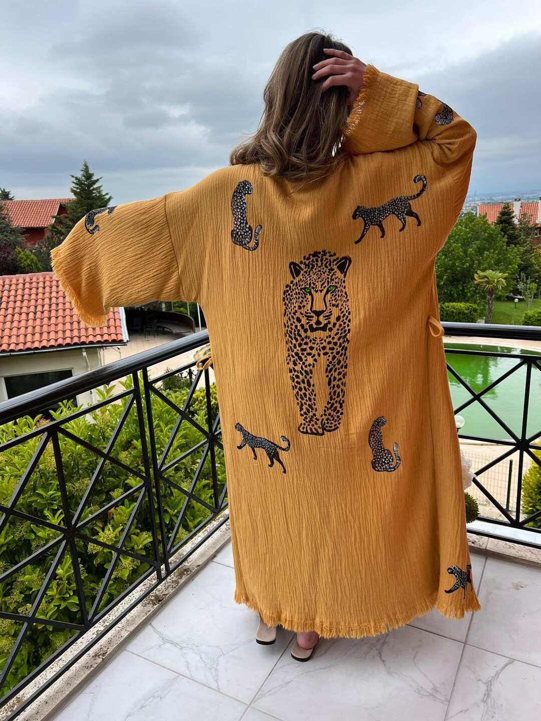 Handmade Muslin Cotton Mustard Leopard Kimono Cardigan Robe, Ethnic ...
