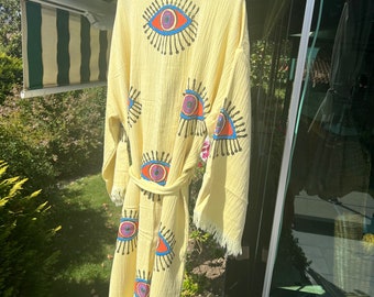 Handmade Cotton Muslin Black Evil Eye Kimono Cardigan Robe, Evil Eye ...