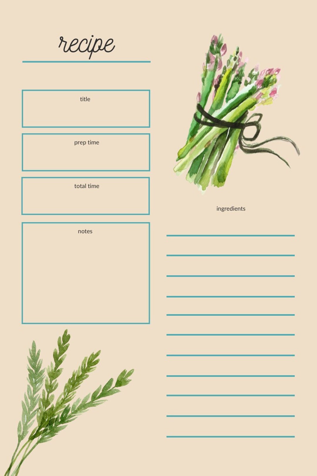 Pink Herbs & Vegetables Recipe Card - Etsy