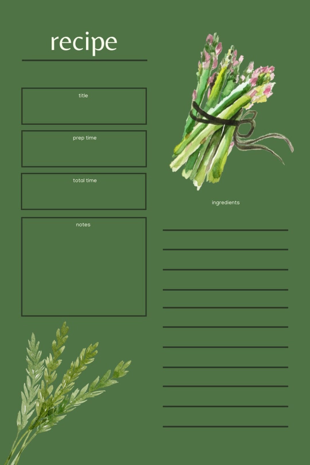 Green Herbs & Vegetables Recipe Card - Etsy