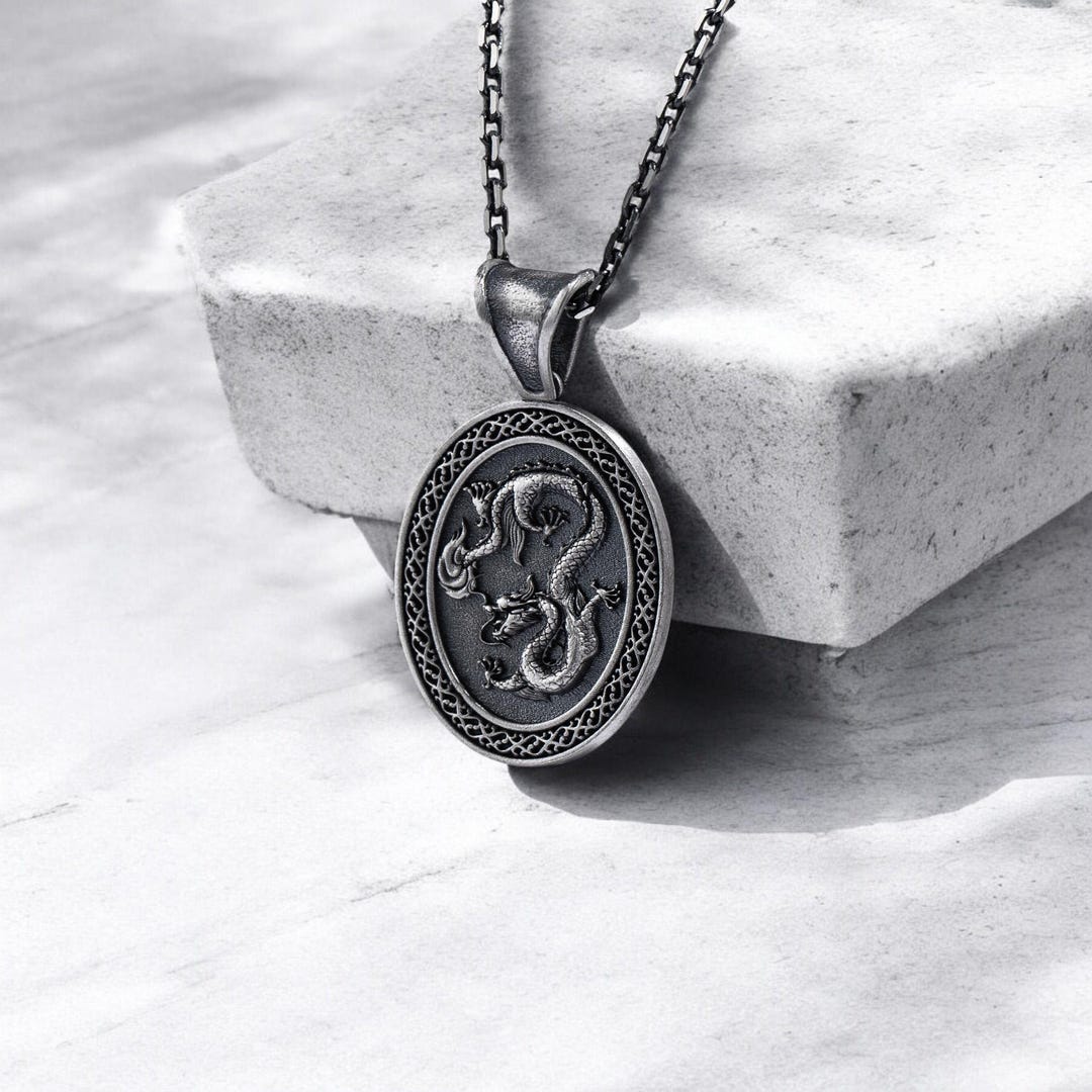 Oval Dragon Necklace for Men, Vintage Silver Pendant Necklace, New ...