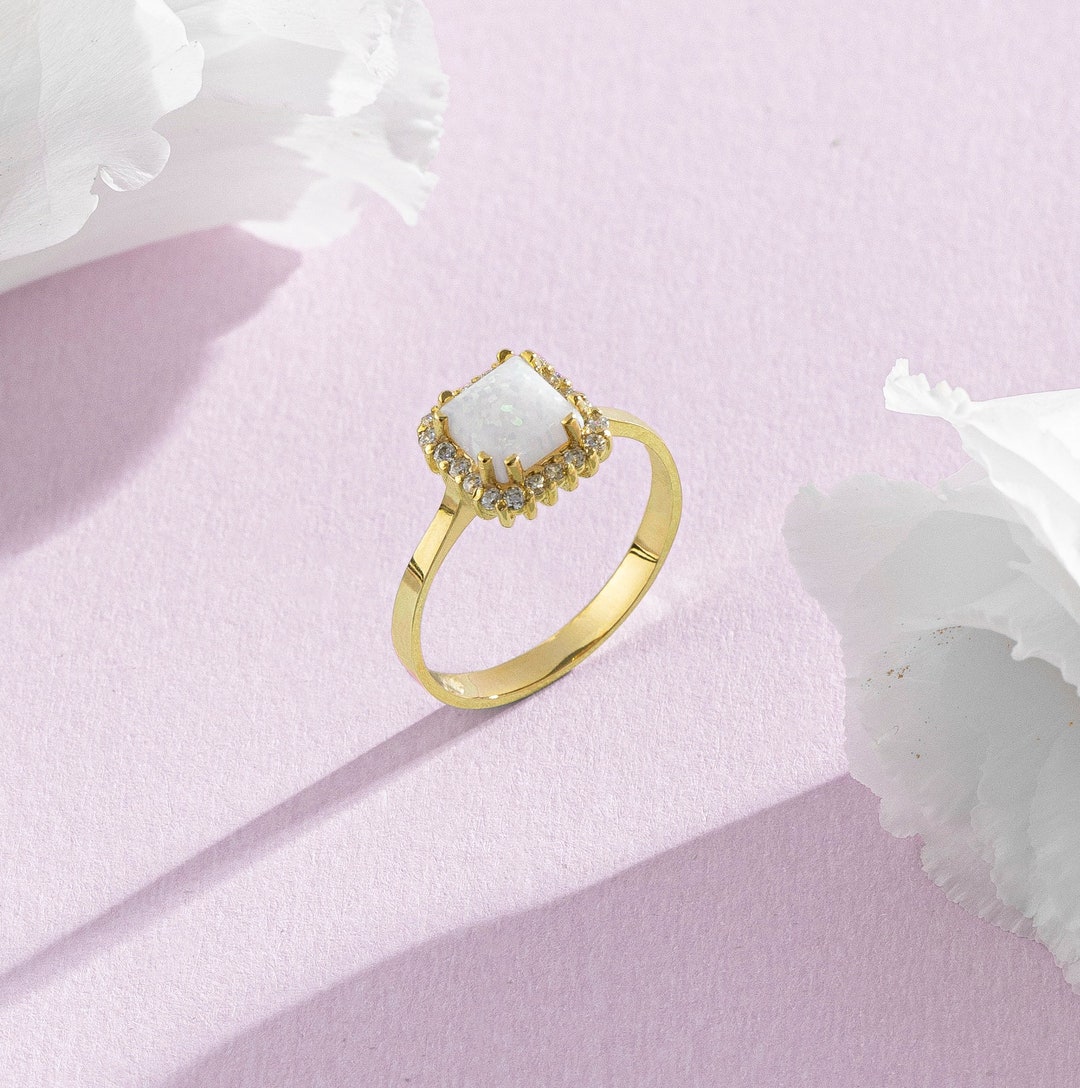 Square Blue Opal Ring for Girlfriend, Solitaire White Opal Ring in 14K ...