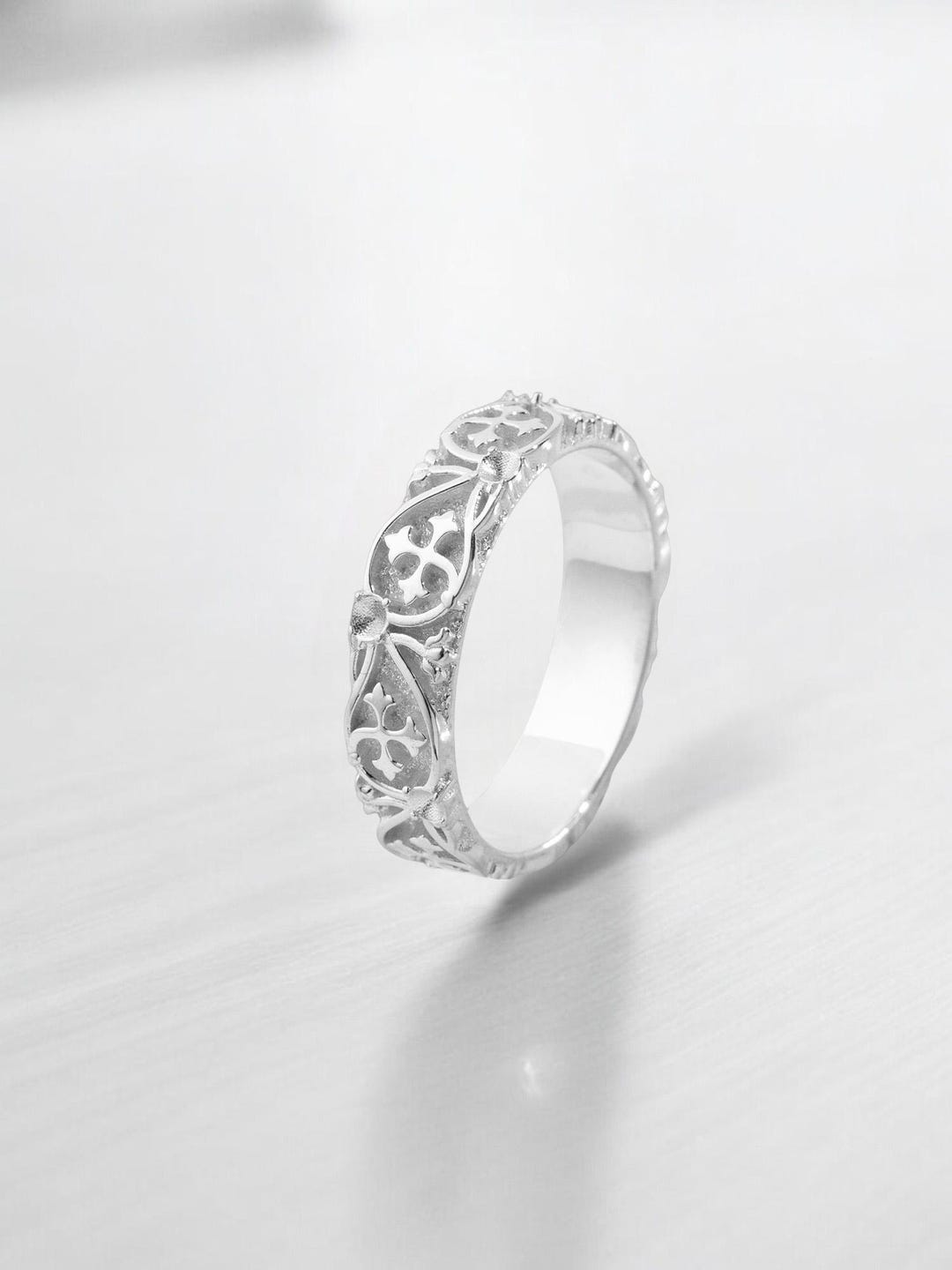 Cross With Floral Motifs Band Ring for Men, Sterling Silver or Gold ...
