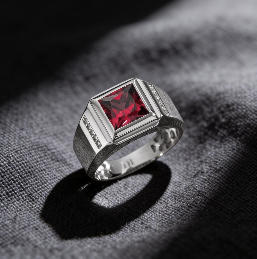 Square Ruby Men's Ring - Minimalist Sterling Silver Jewelry, Red Stone ...