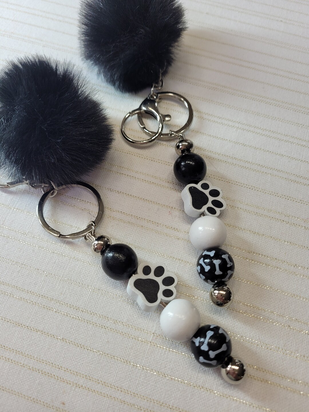 Paw Keychain With Paw Shaped Black and White Beads Wooden Beads Fluffy ...