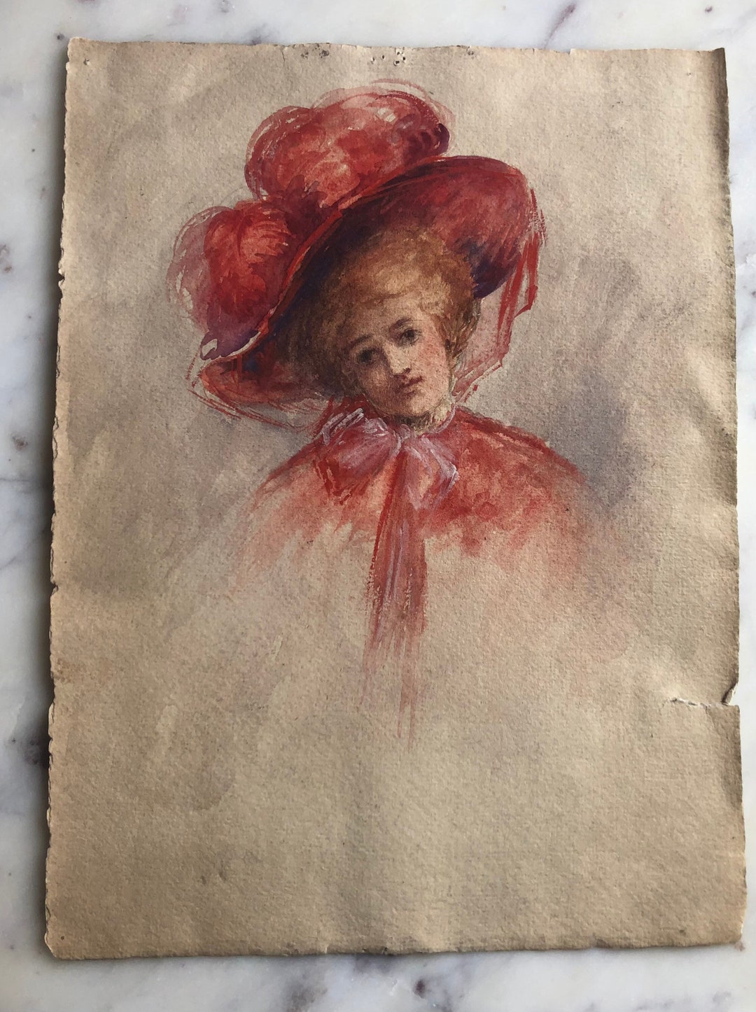 1920s Vintage Drawing of Woman in a Red Bonnet -mixed Media: Watercolor ...