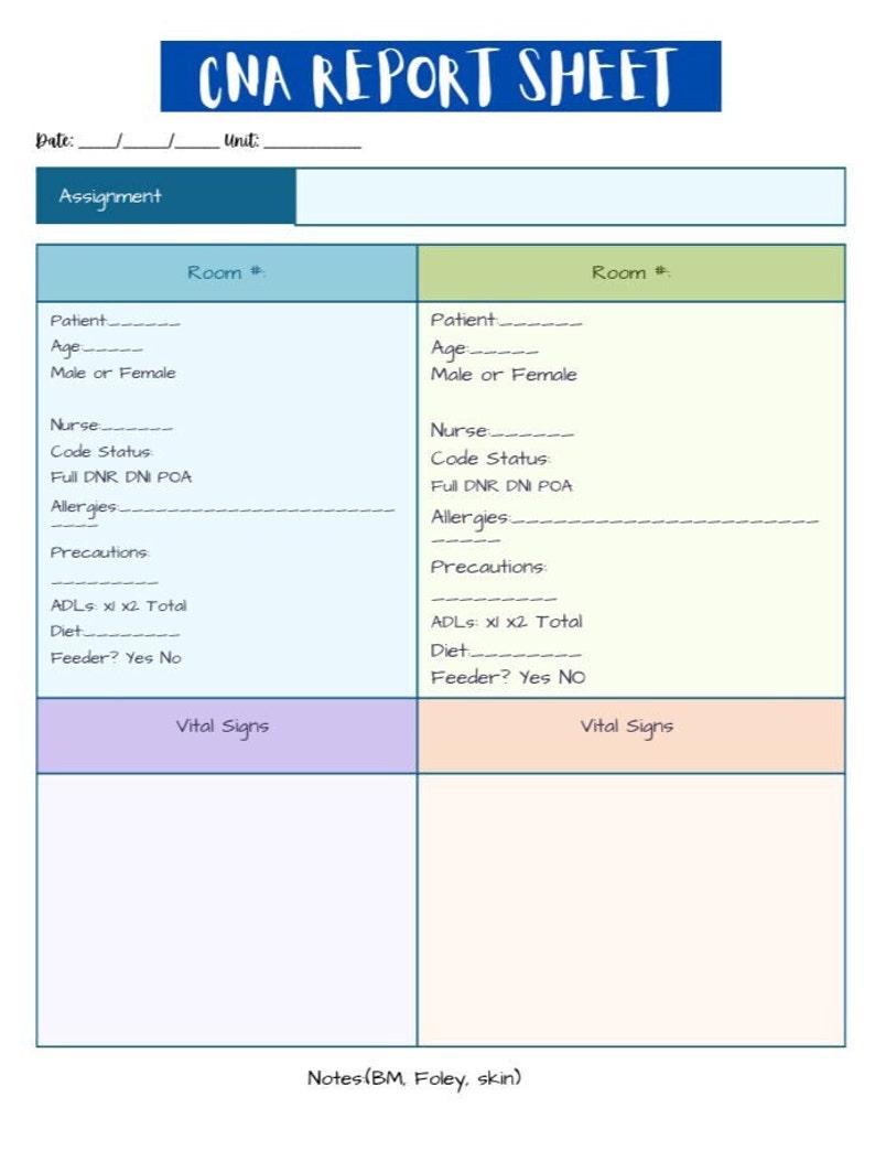 CNA Report Sheet, CNA, Direct Care Aide, Nursing Care Partner - Etsy
