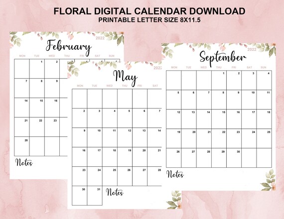 Printable 2022 Calendar Floral Design Instant Download | Etsy