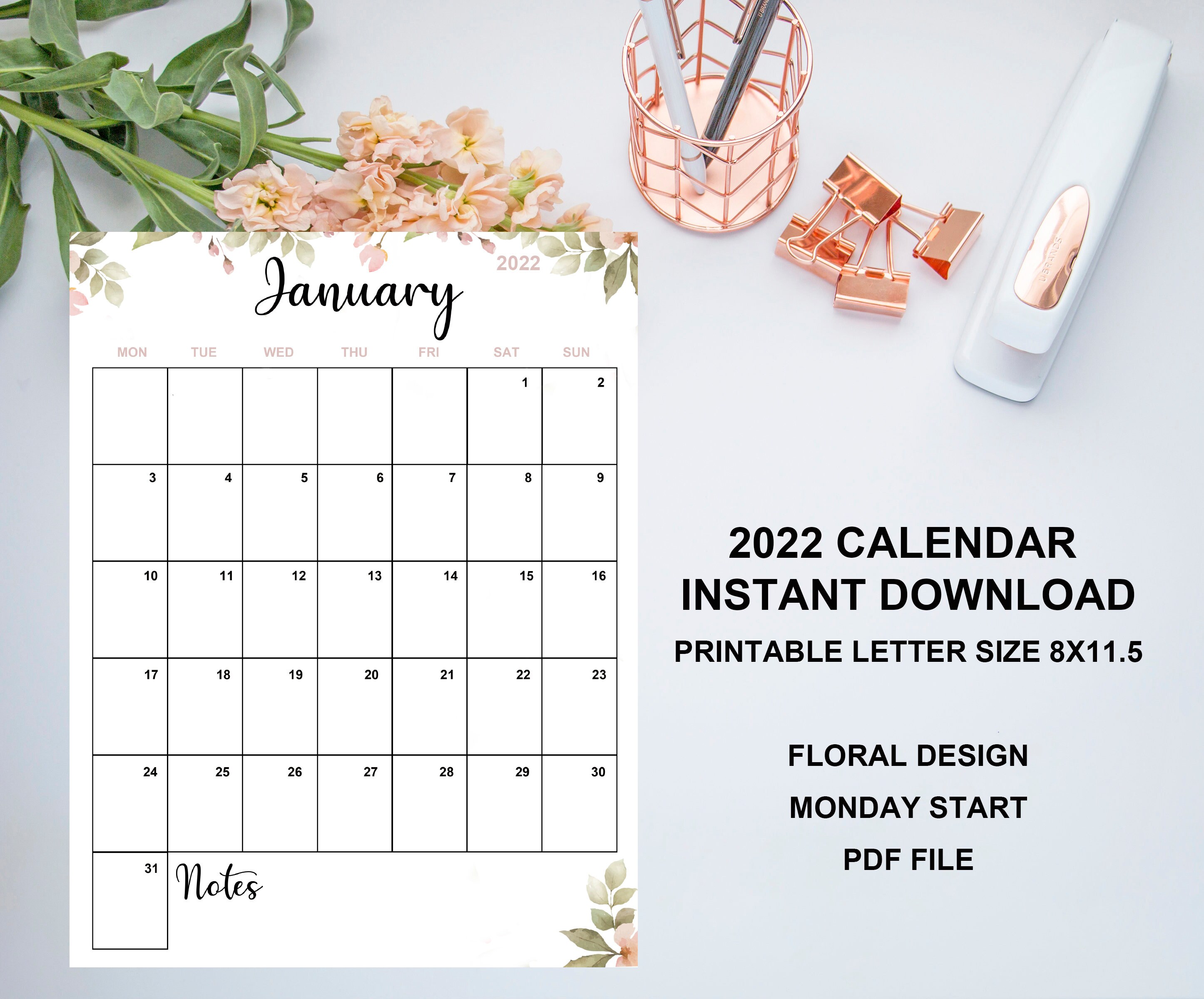 Printable 2022 Calendar Floral Design Instant Download | Etsy