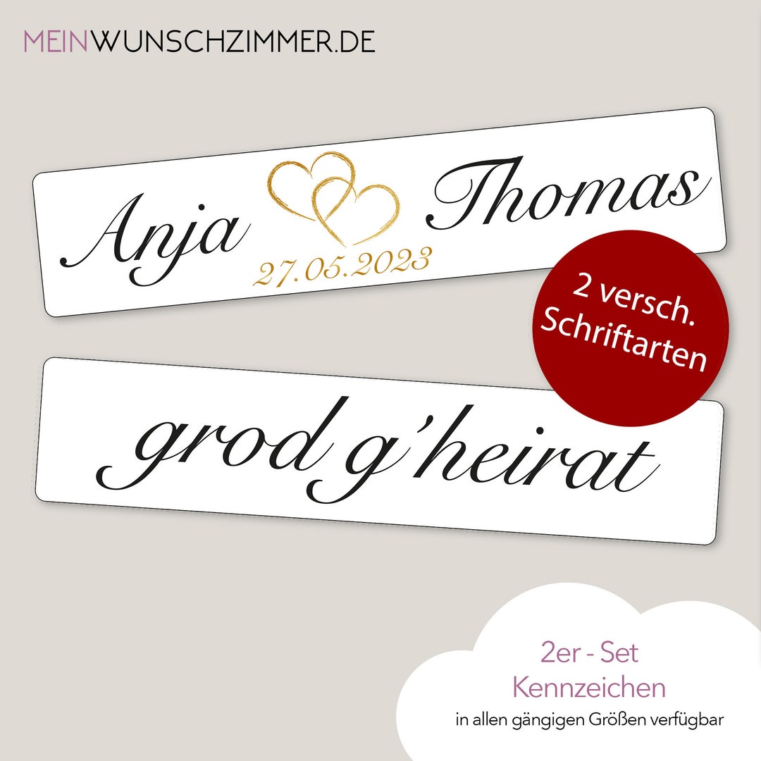 Hochzeit Kennzeichen versch. Größen, Herz in Gold, KFZ Schild, Heirat ...