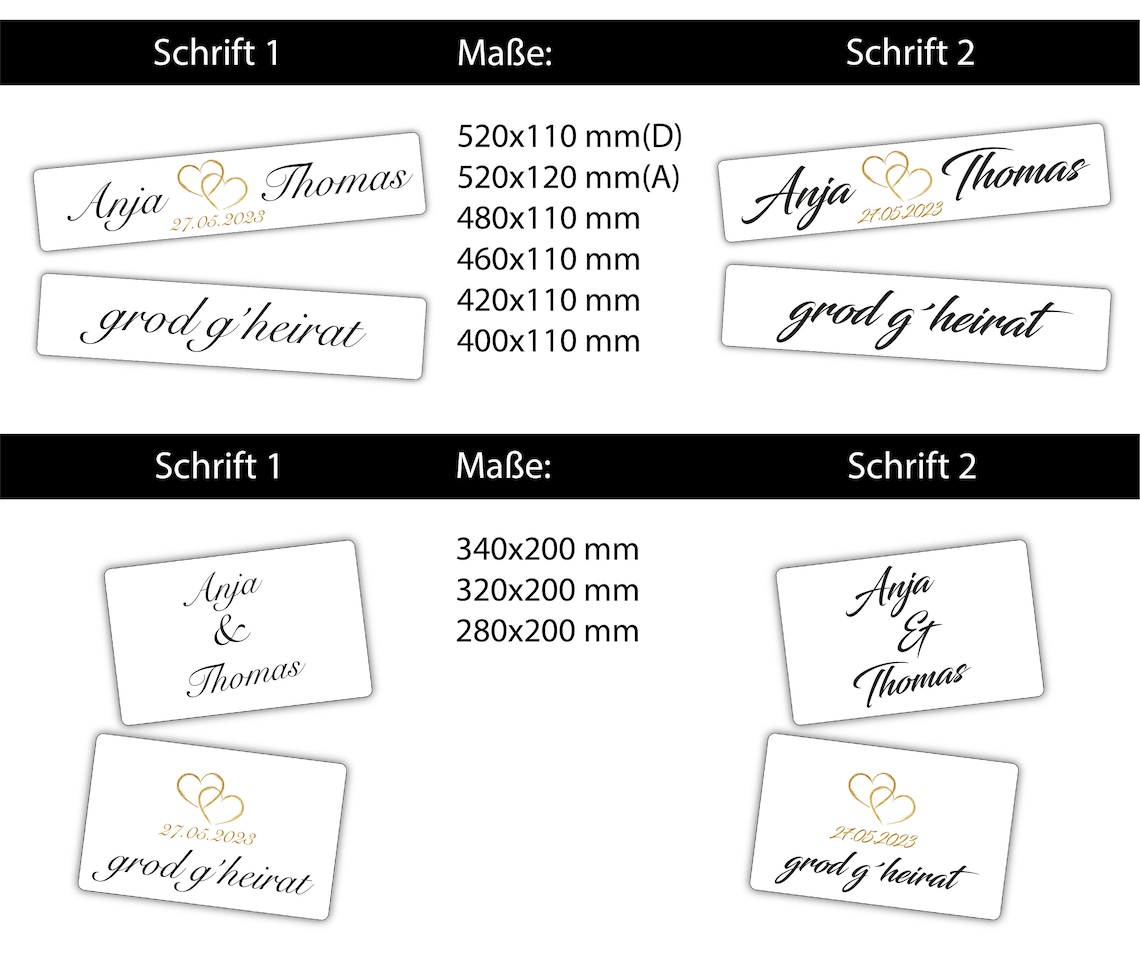 Hochzeit Kennzeichen versch. Größen, Herz in Gold, KFZ Schild, Heirat ...