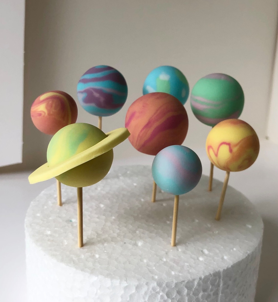 Solar System Pastel Planets Edible Cake Toppers for Birthday, Marbled ...
