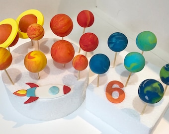 Solar System Pastel Planets Edible Cake Toppers for Birthday, Marbled ...
