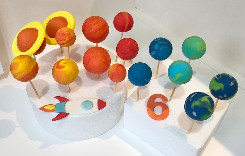 Solar System Pastel Planets Edible Cake Toppers for Birthday, Marbled ...