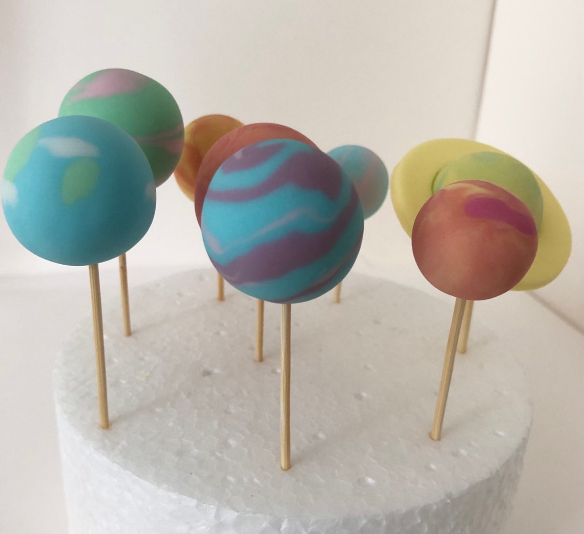 Solar System Pastel Planets Edible Cake Toppers for Birthday, Marbled ...