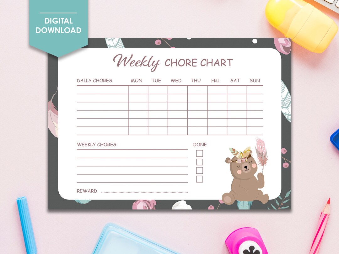 Cute Weekly Chore Chart Editable Kids Weekly Responsibility Planner ...
