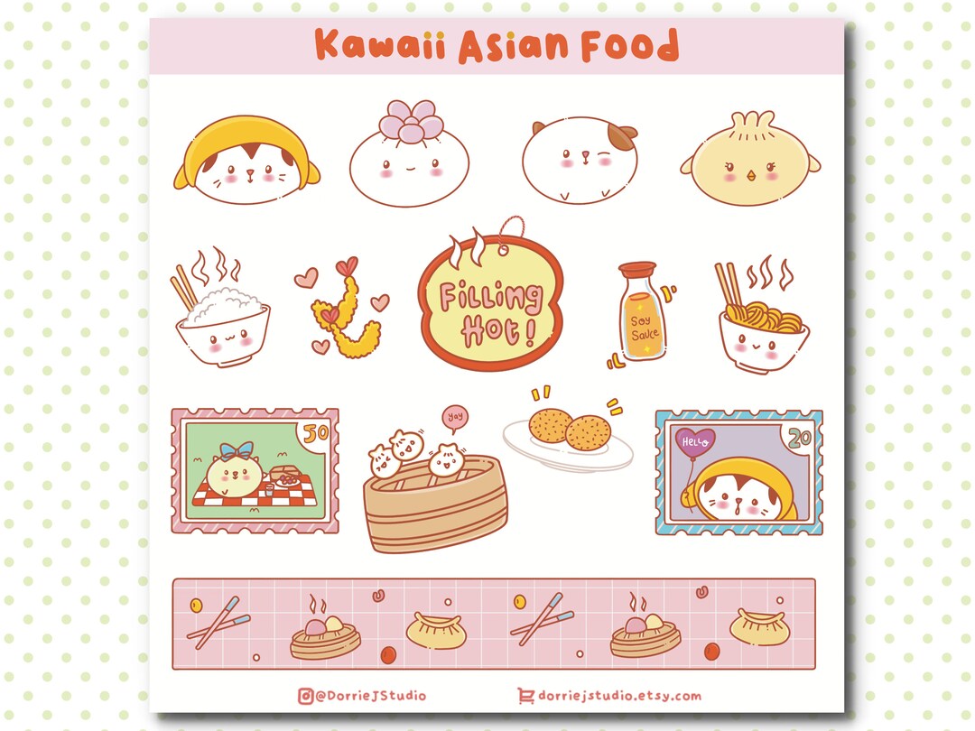 Kawaii Asian Food Sticker Sheet Foods Dumplings, Bao, Noodles Cute ...