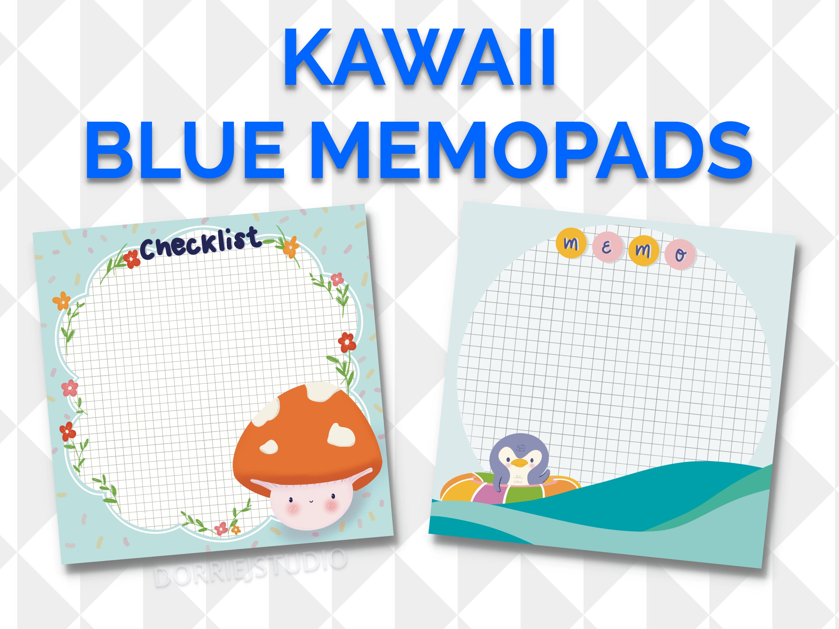 Kawaii Blue Theme Memo Pads Mushroom Memo Pads Penguin Memo Pads Cute ...