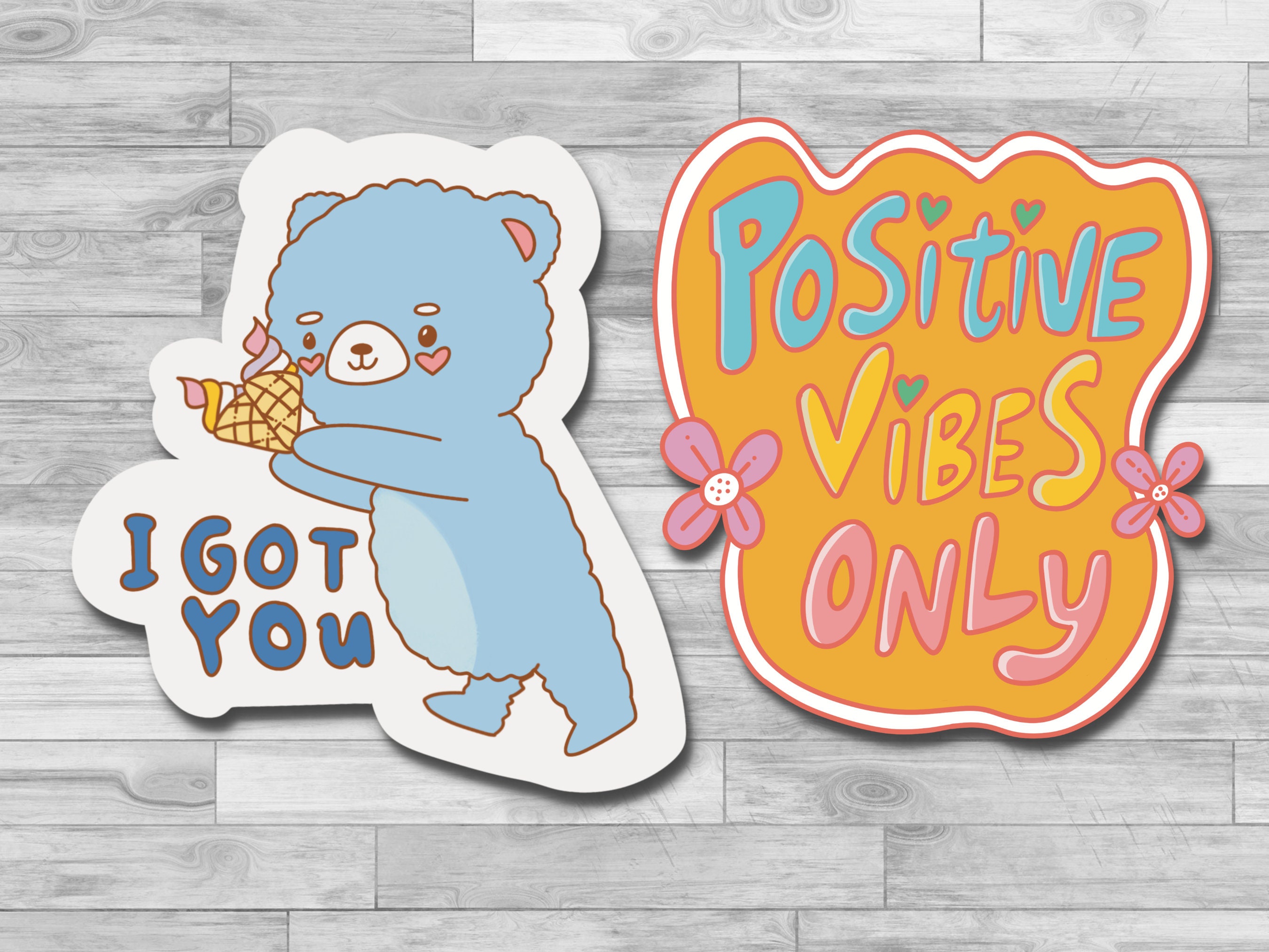 Kawai Die Cut Stickers Blue Teddy Bear i Got You positive Vibes Only ...