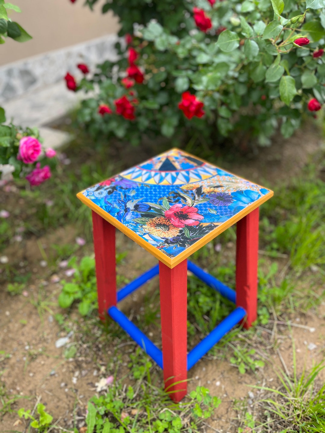 Painted Wooden Stool | Decorative Stool | Square Stool - Etsy