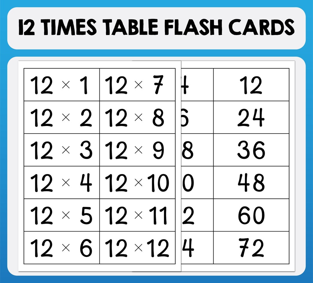 12 Times Multiplication Table Flash Cards With Answers on - Etsy