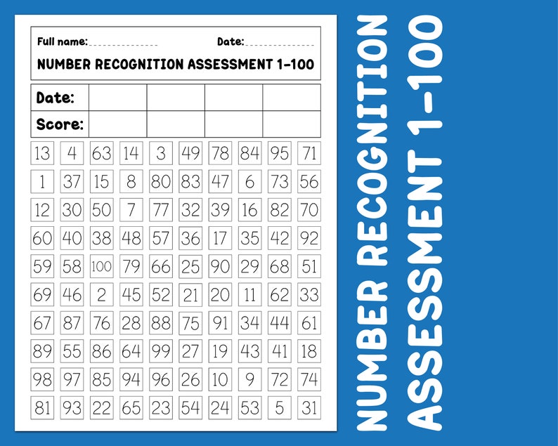 Number Identification & Recognition Assessment 1-100 - Etsy