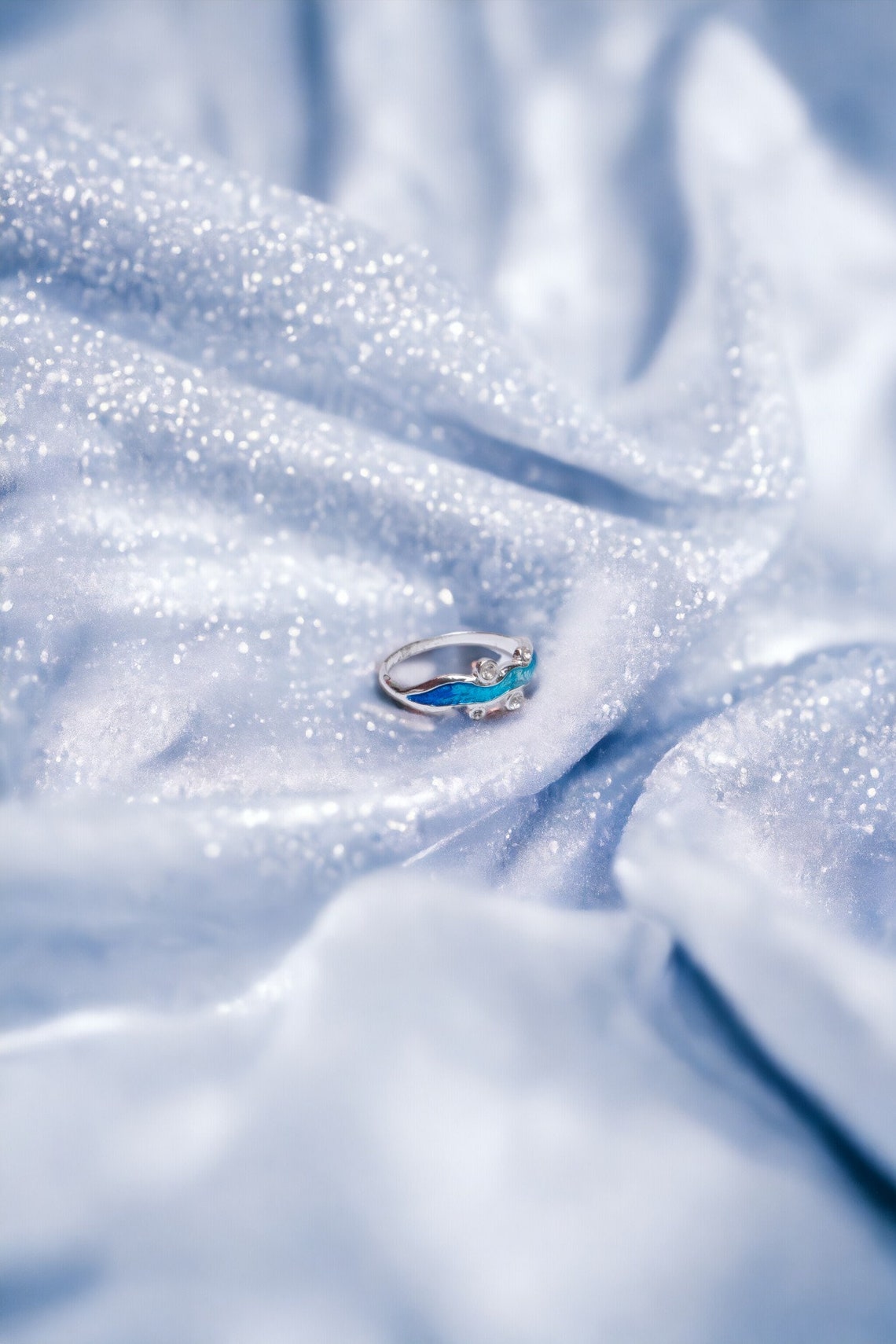 925 Silver Ring, Sea Wave Ring, Blue Enamel Ring With White C Z Stone ...