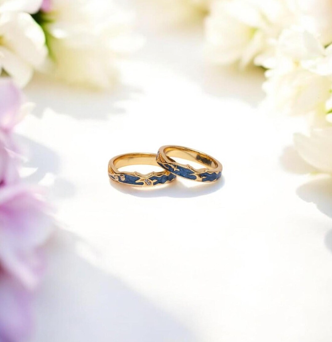 Buy Sterling Silver Couple Rings: Celestial Night Sky Design, 18K Gold ...
