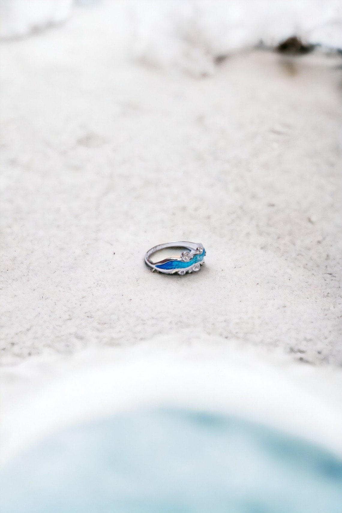 925 Silver Ring, Sea Wave Ring, Blue Enamel Ring With White C Z Stone ...