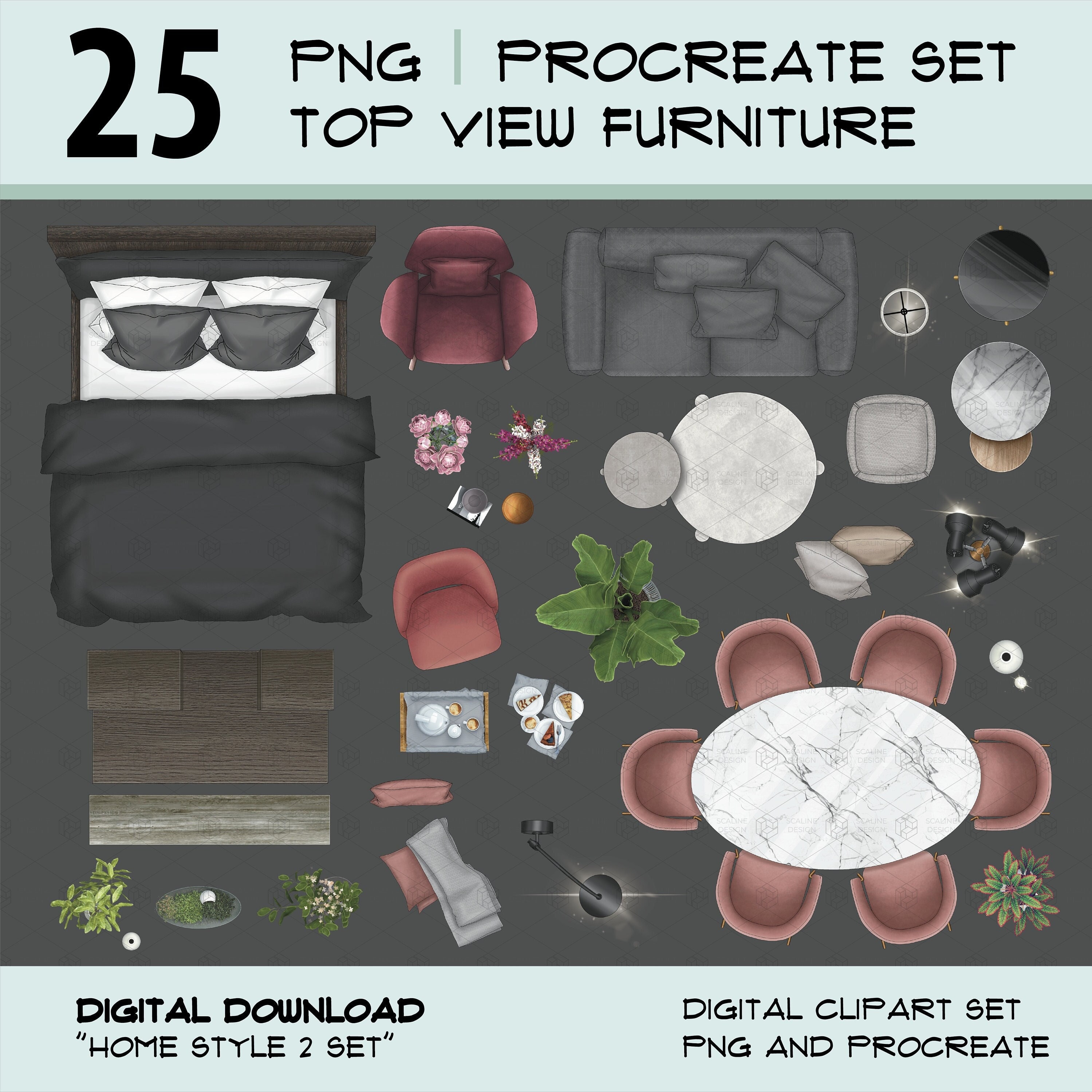 Furniture and Decor Illustration, Procreate Digital Art, Top View ...