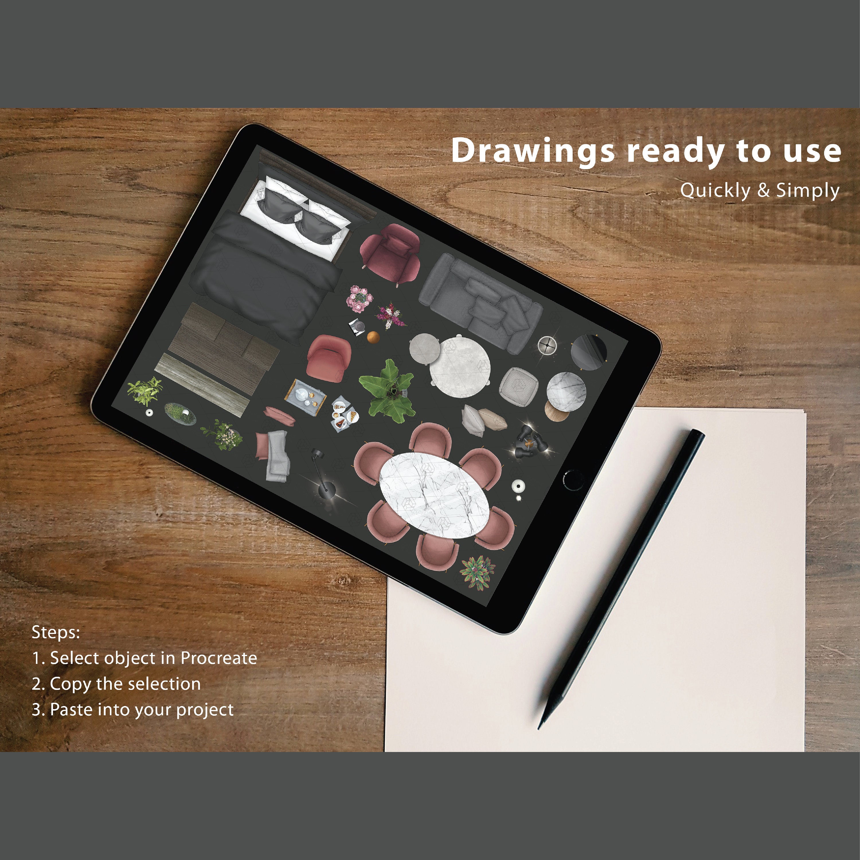 Furniture and Decor Illustration, Procreate Digital Art, Top View ...