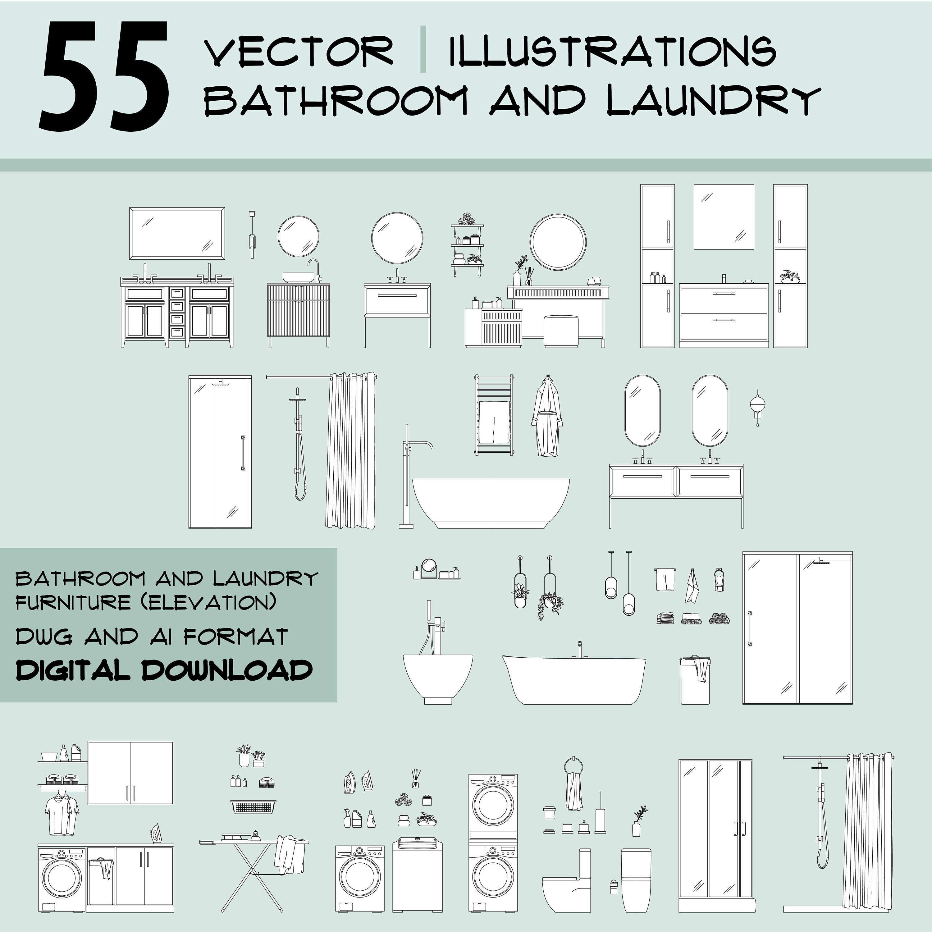 Furniture Drawings Bathroom and Laundry, Vector Illustration, Elevation ...