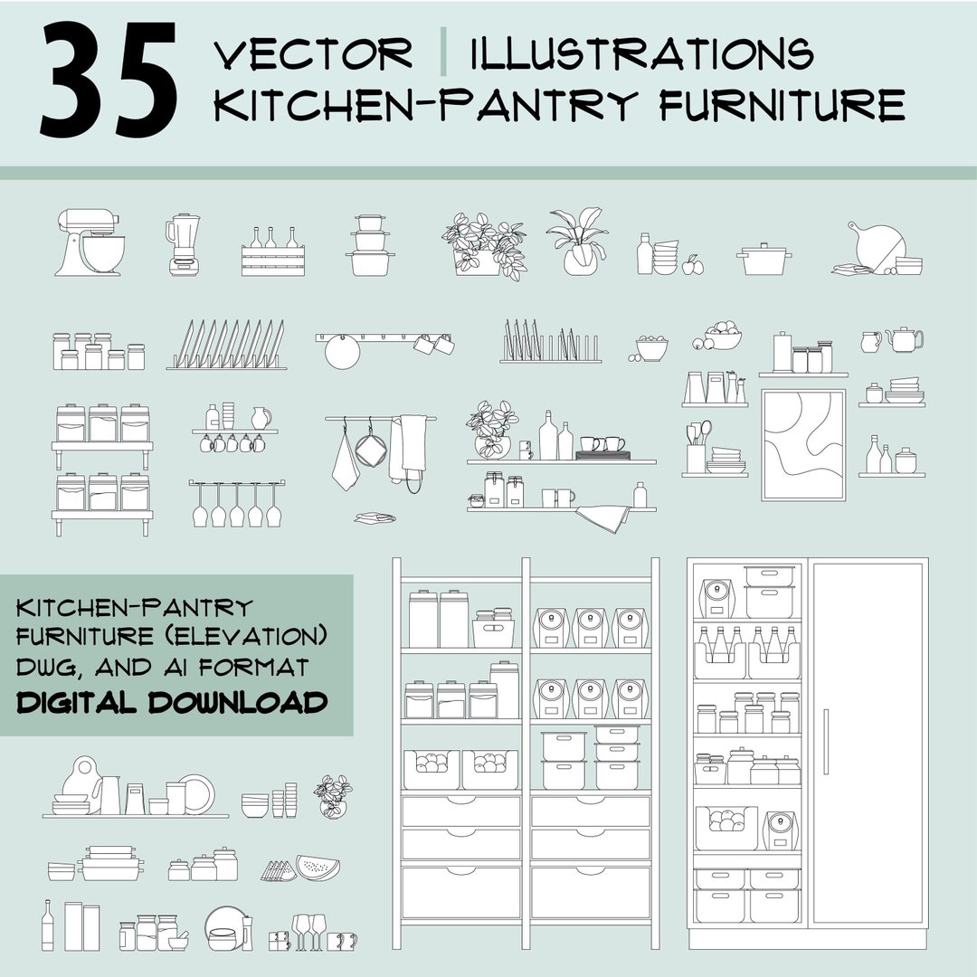 Kitchen Pantry Appliances Decoration, Vector Illustration, Elevation ...