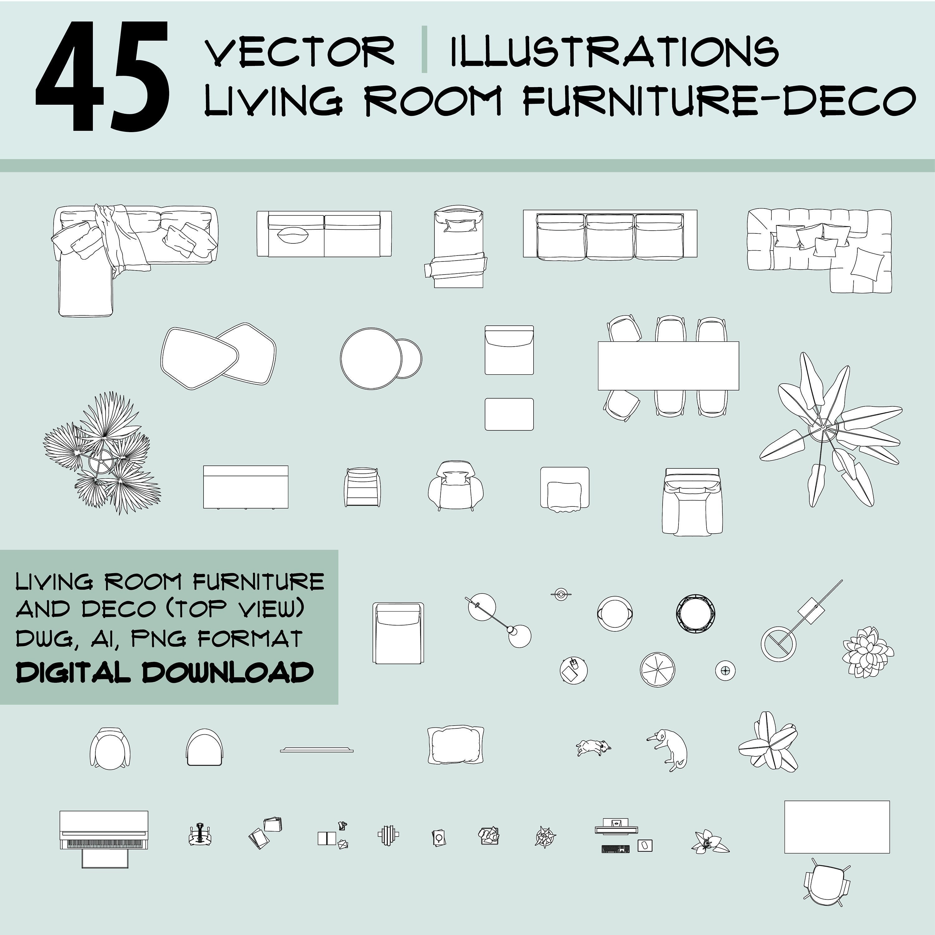 Living Room Furniture and Decoration, Vector Illustration, Top View ...