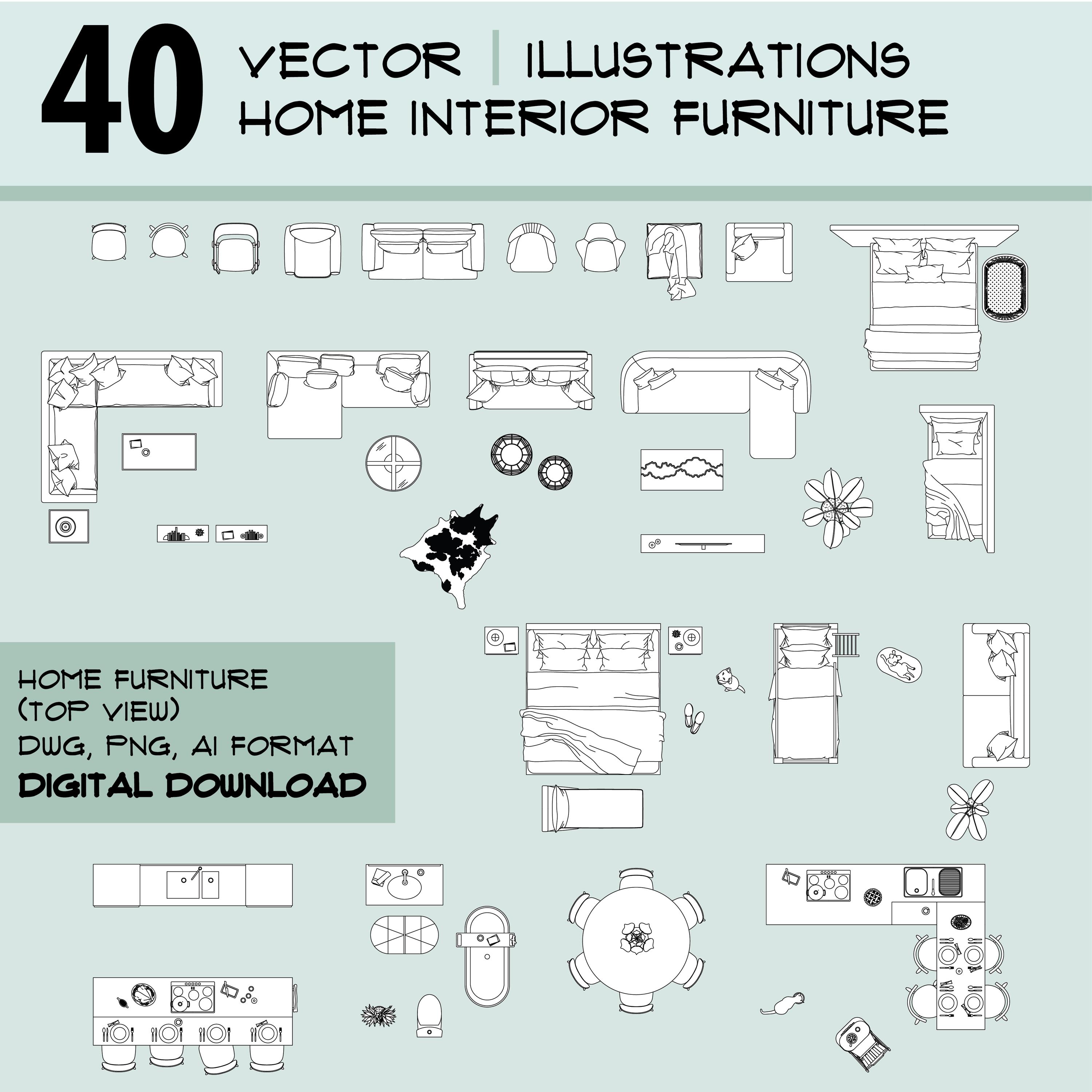 Home Interior Furniture Decoration, Vector Illustration, Top View, DWG ...