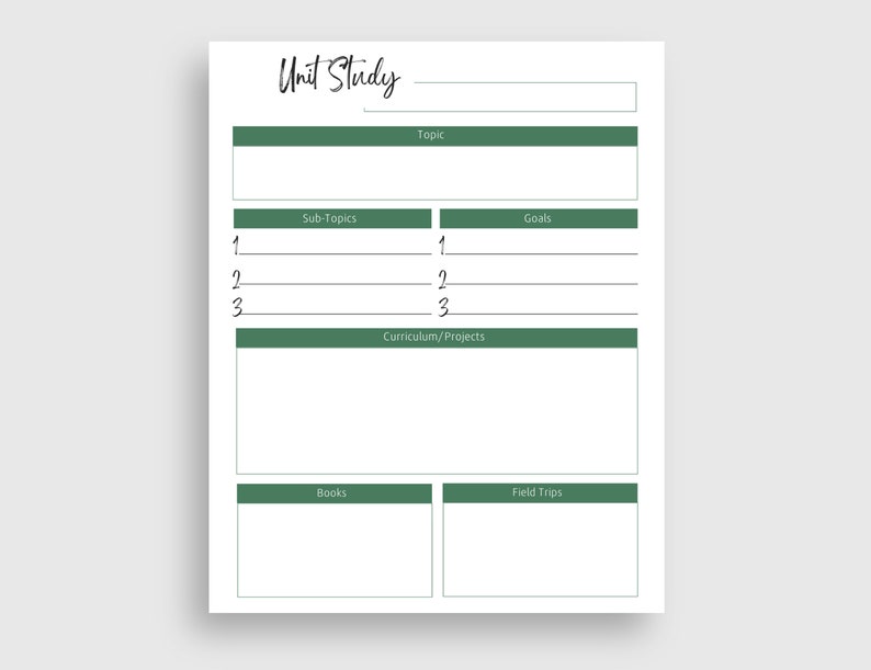 Printable Unit Study Planner| Homeschool Unit Study Planner| 1 Page ...