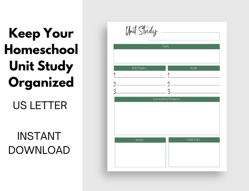 Printable Unit Study Planner| Homeschool Unit Study Planner| 1 Page ...