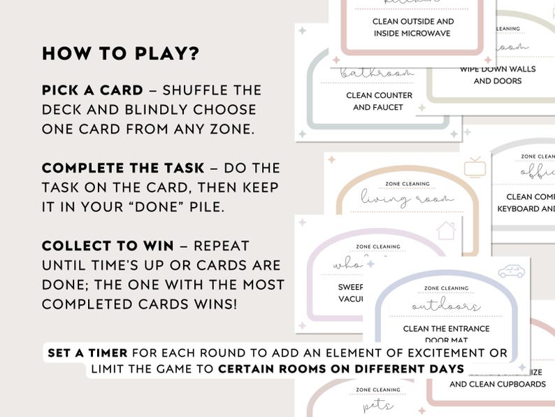 Cleaning Game Cards, 100 Zone Chores, House Tasks Checklist, Kids Adult ...